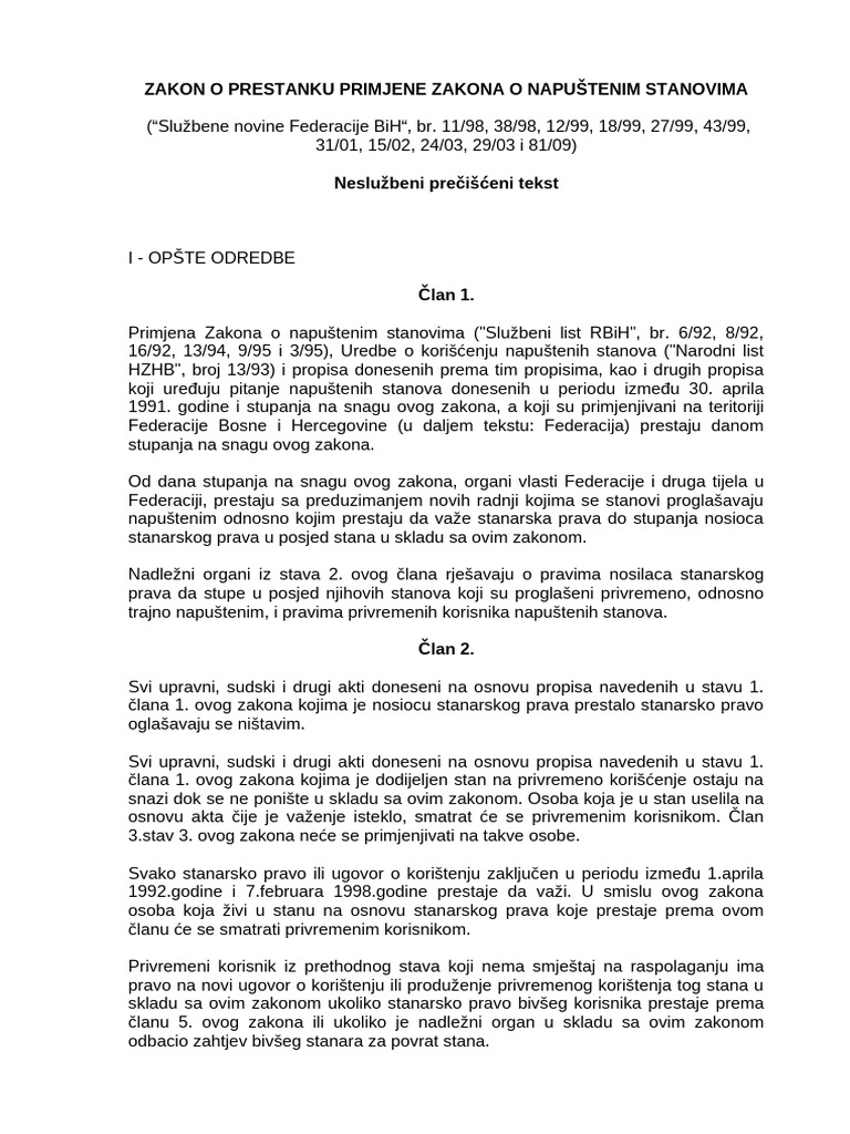 Zakon o Prestanku Primjene Zakona o Napustenim Stanovima Nesluzbeni Precisceni Tekst | PDF