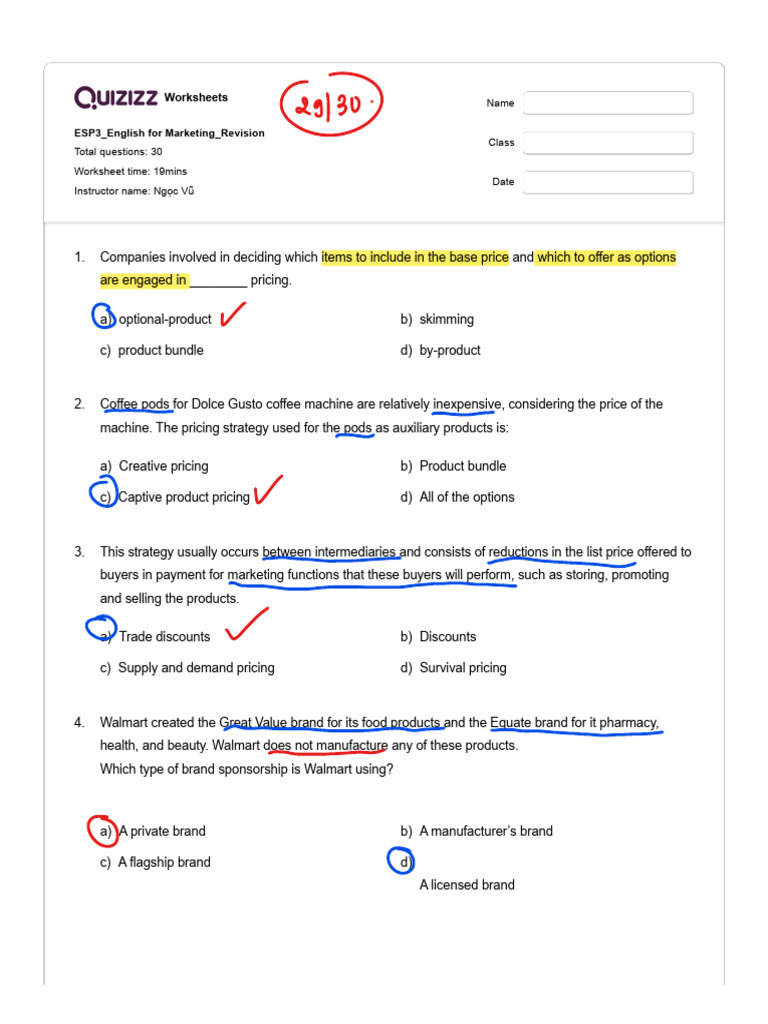 ESP3 - English For Marketing - Revision - Multiple Choice Questions | PDF | Pricing | Marketing