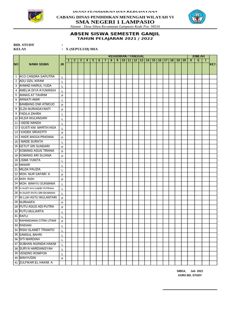 Absen Kelas 2021 2022 | PDF