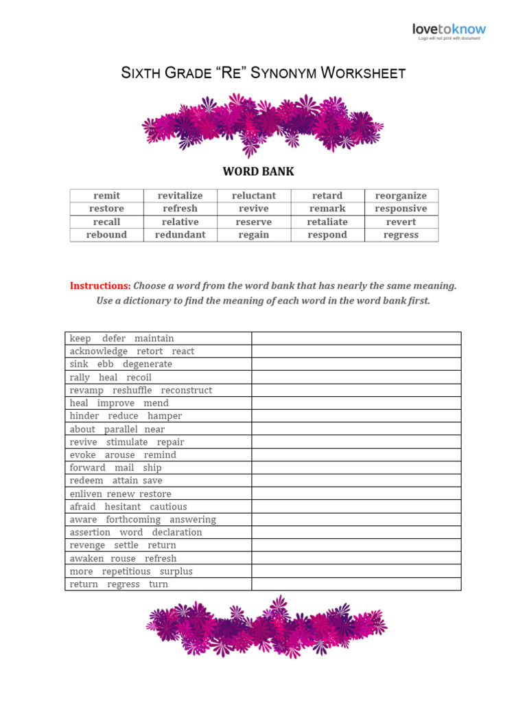 Sixth Grade Synonyms Worksheet | PDF