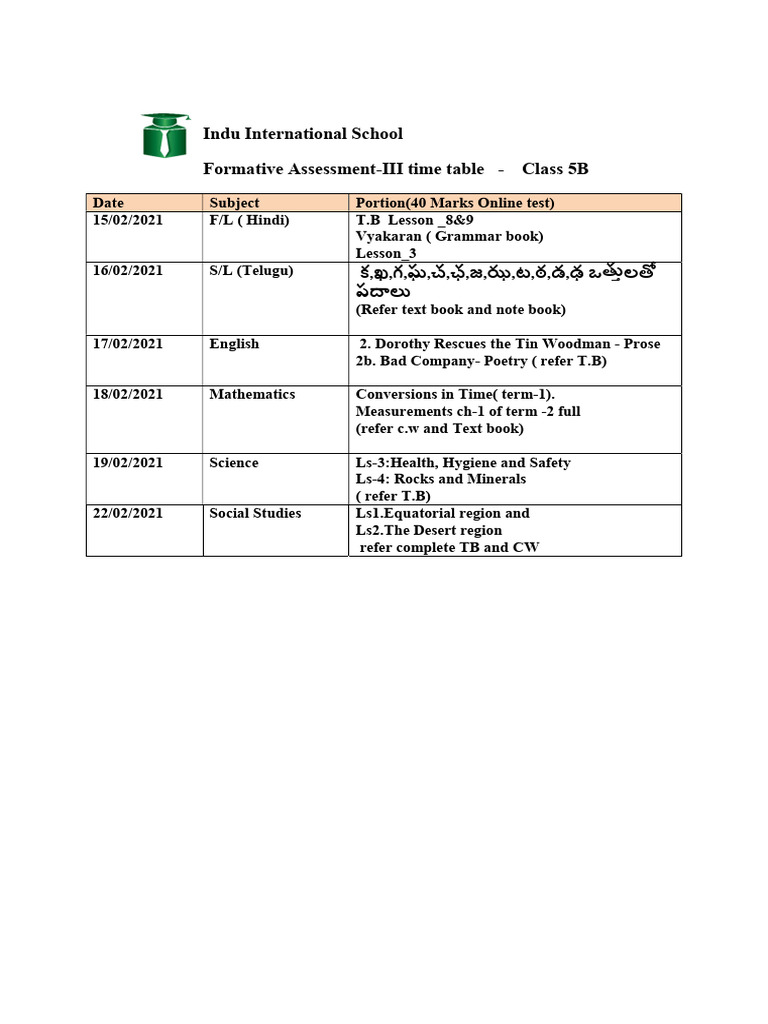 Class 5B FA III Time table | PDF
