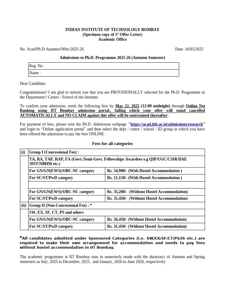 IIT Bombay Ph.D. Admission Offer 2025-26 | PDF | Doctor Of Philosophy