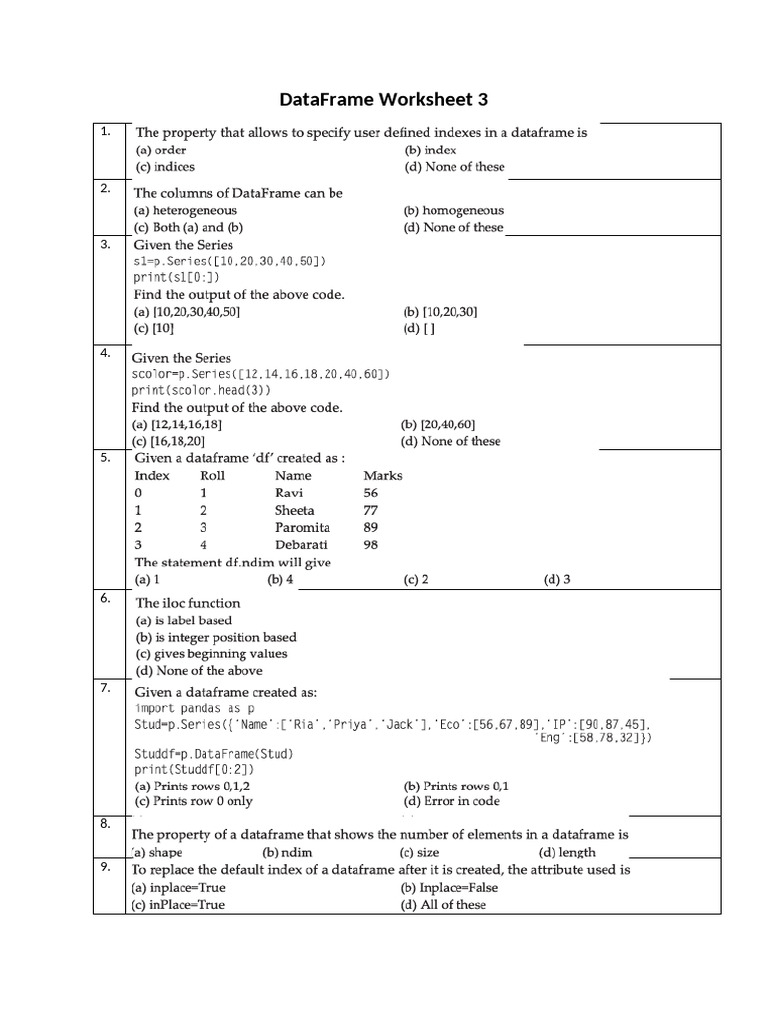 DataFrame Worksheet 3 Arihant | PDF