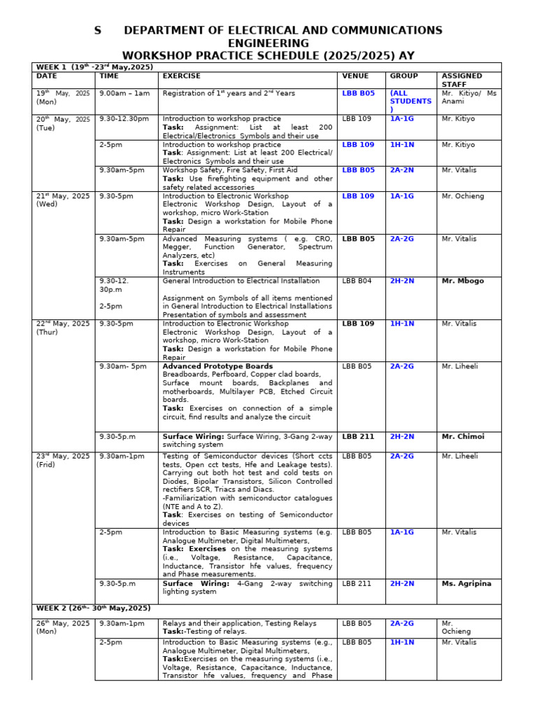Mmust Electrical Workshop Practice Schedule 2025 Final As at 16th May | PDF | Resistor | Relay