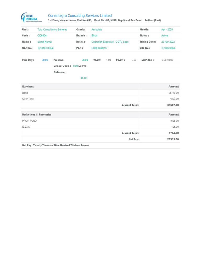 Sumit Kumar - April Salary Slip | PDF