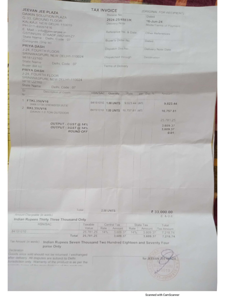 Daikin 1 Ton 3 Star Invertor AC Invoice | PDF