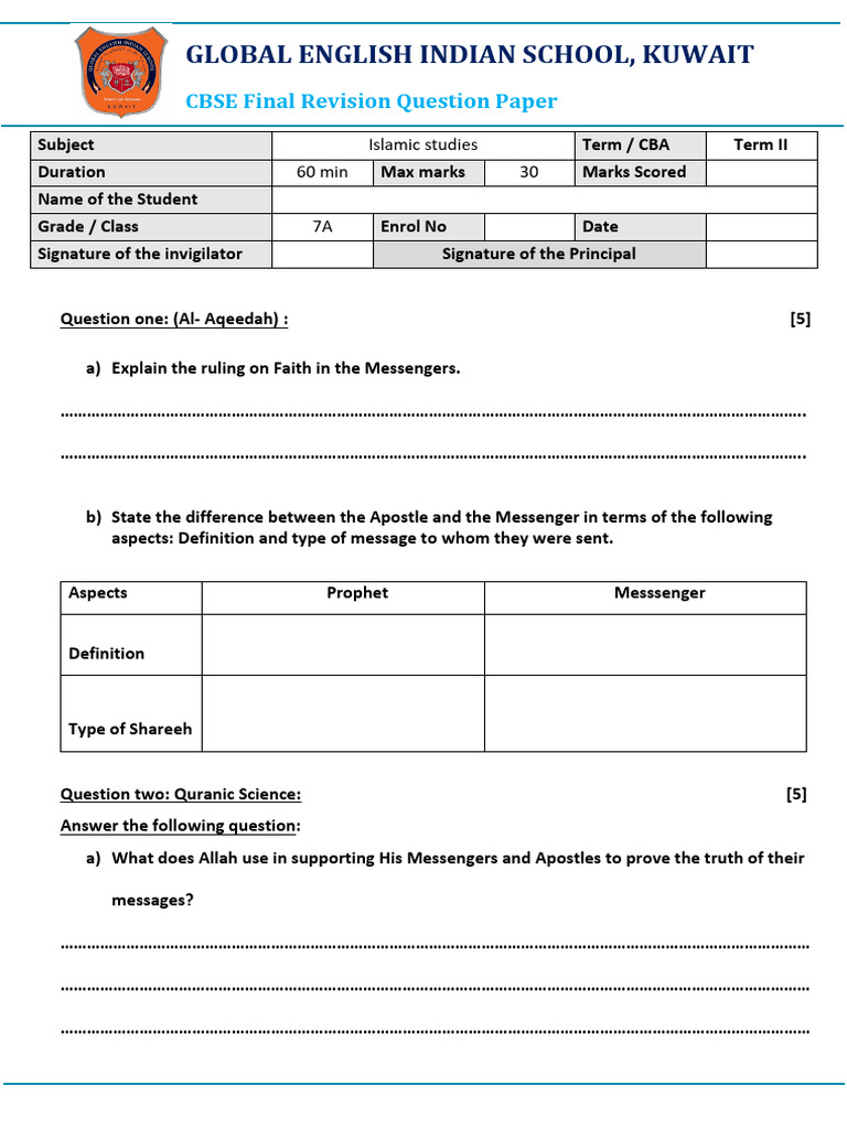 Cbse Islamic Studies Final Revision Paper 7a | PDF | Prophets And ...