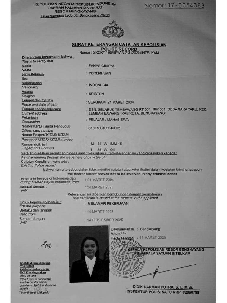 SKCK Fanya Cintya | PDF