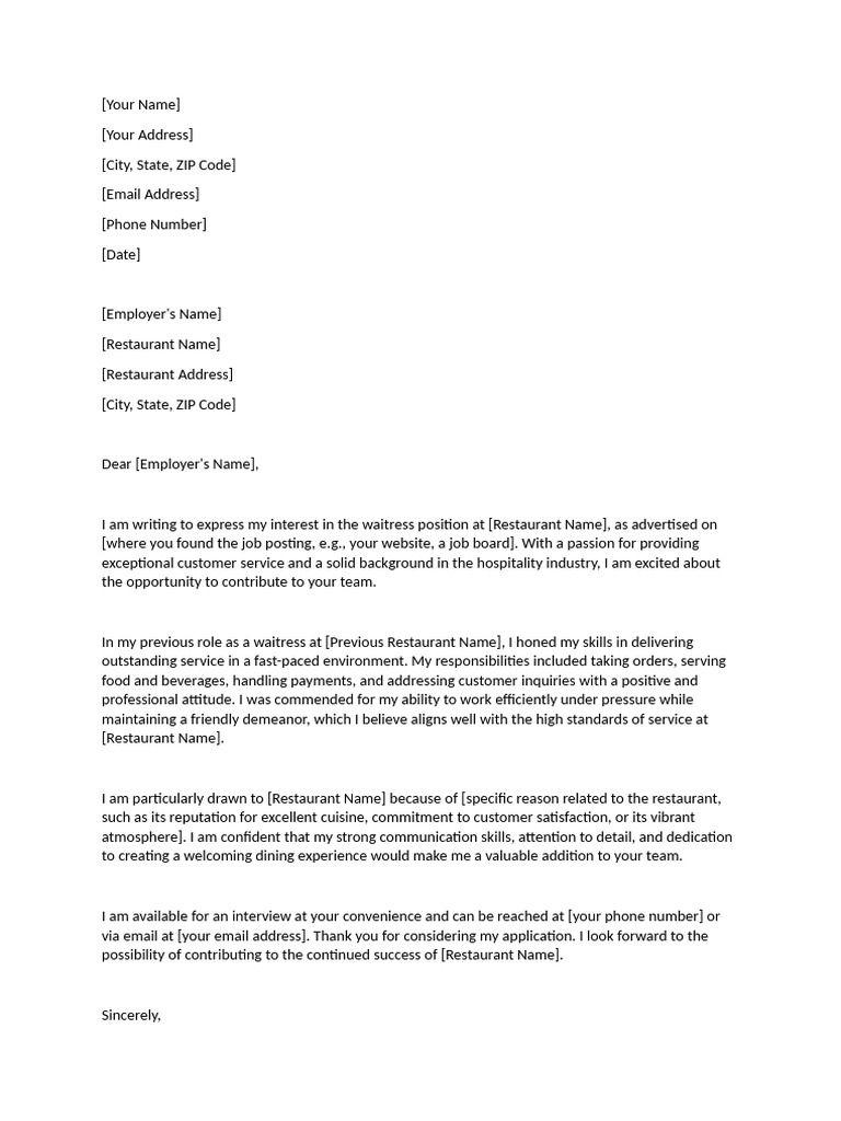 Waitress Job Application Letter Template | PDF