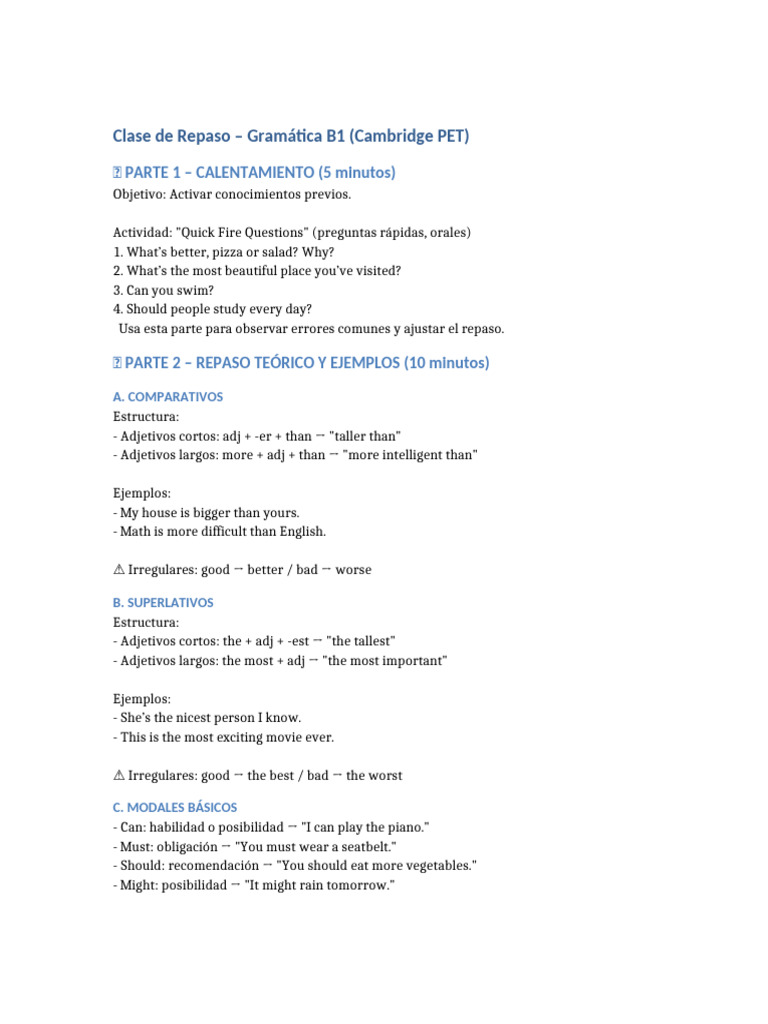 Clase Repaso Gramatica B1 Cambridge | PDF