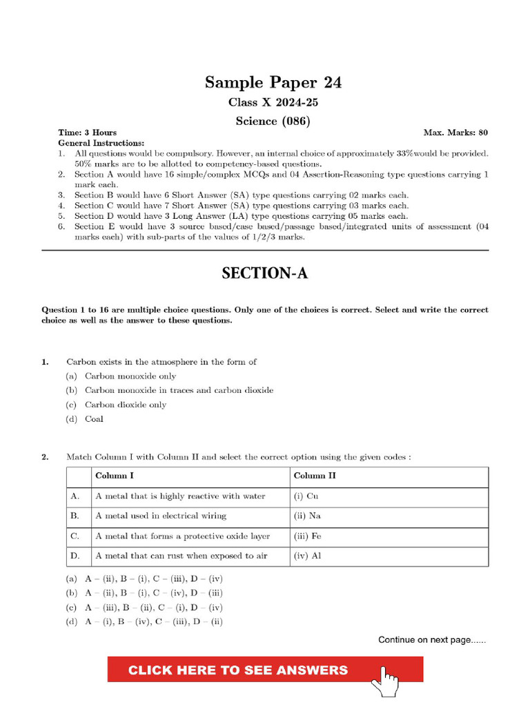 10 Science Sample Paper 24 | PDF
