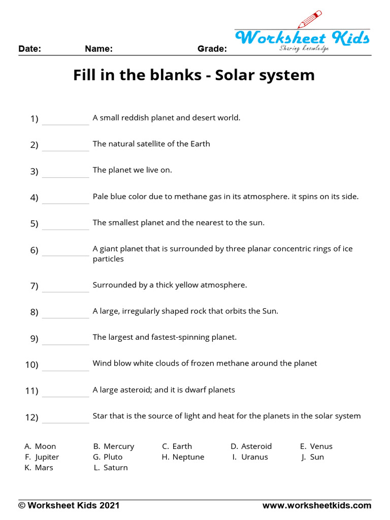 Fill in The Blanks Solar System | PDF