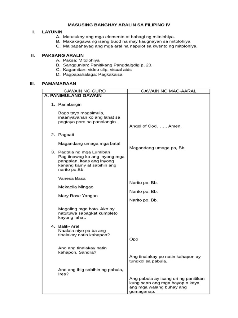 Masusing Banghay Aralin Sa Filipino IV Razzel 101822 | PDF