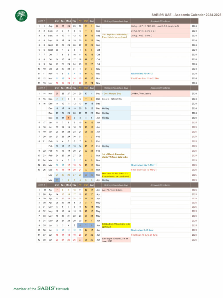 Isc Al Ain School Ay 2425 Calendar | PDF