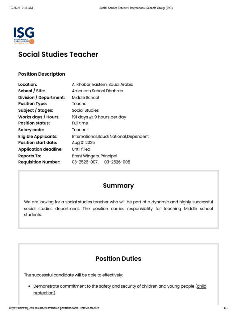 Social Studies Teacher - International Schools Group (ISG) | PDF ...