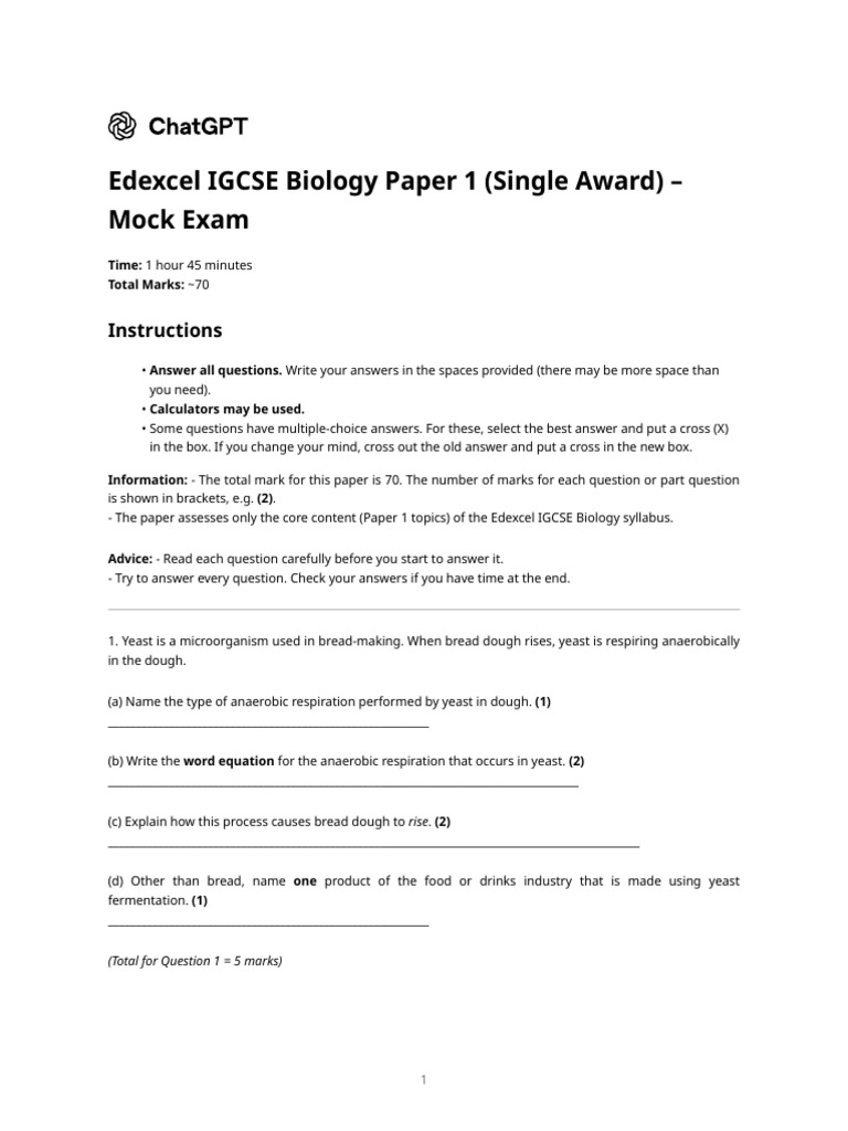 Edexcel IGCSE Biology Paper 1 (Single Award) - Mock Exam | PDF | Biology | Organisms