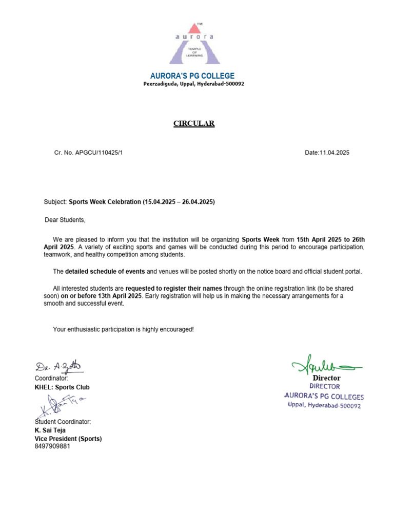 Khel Sports Club Circular | PDF
