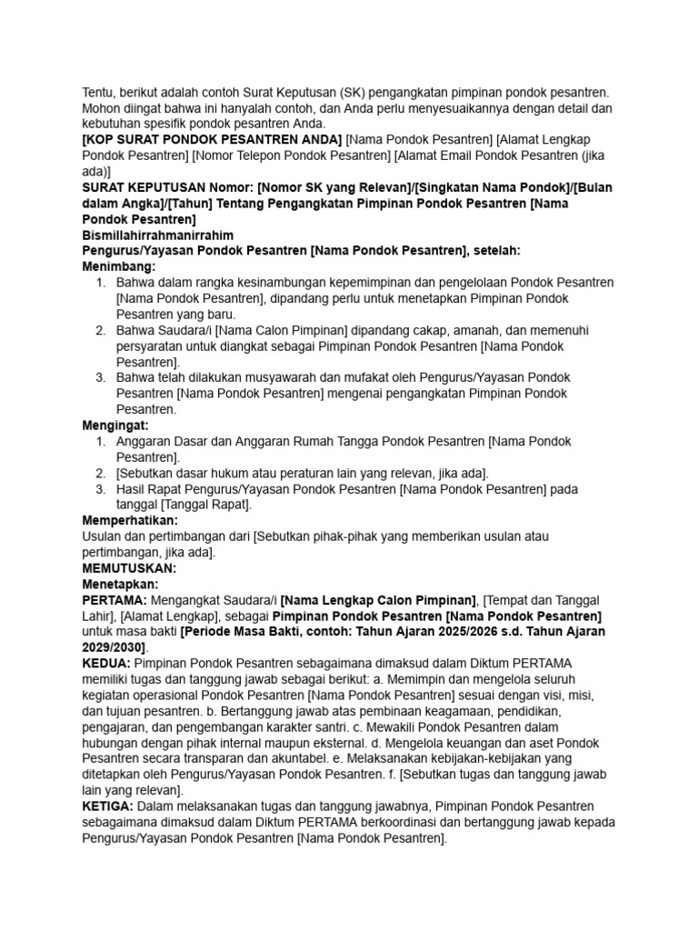 Contoh SK Pimpinan Pondok Pesantren | PDF