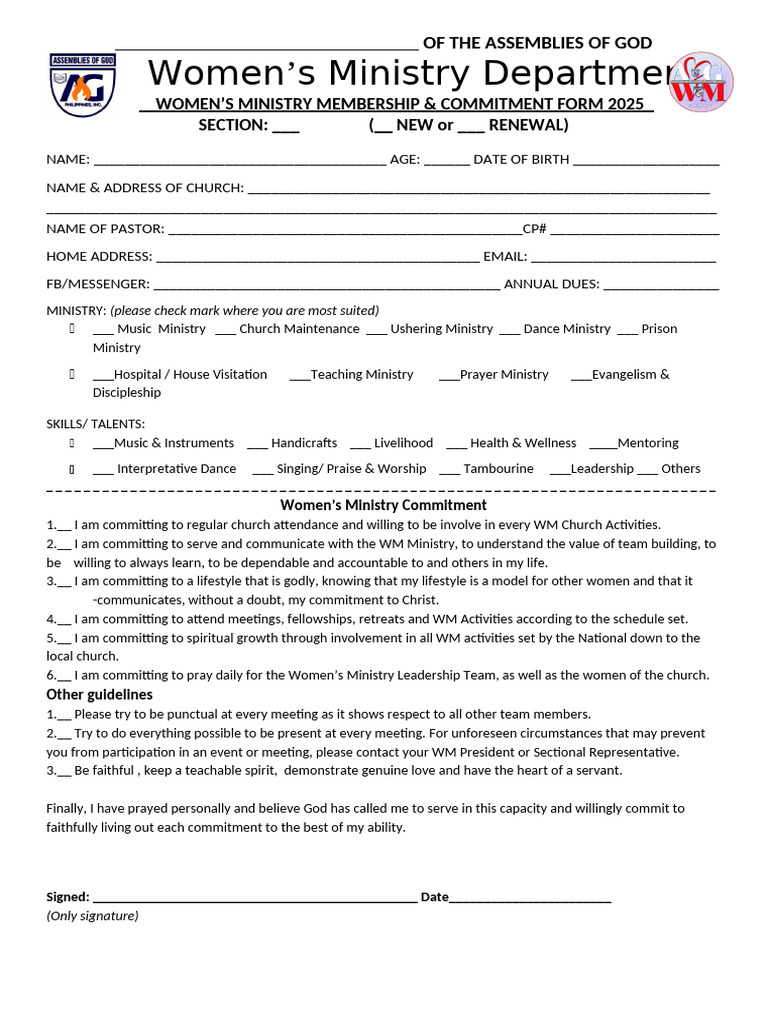 Women's Ministry Membership Form 2025 | PDF | Christian Movements ...