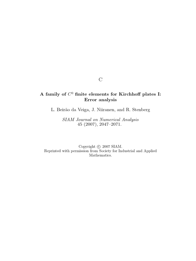 Da Veiga, L. B., Niiranen, J., & Stenberg, R. (2007) A Family of C Finite Elements For Kirchhoff ...