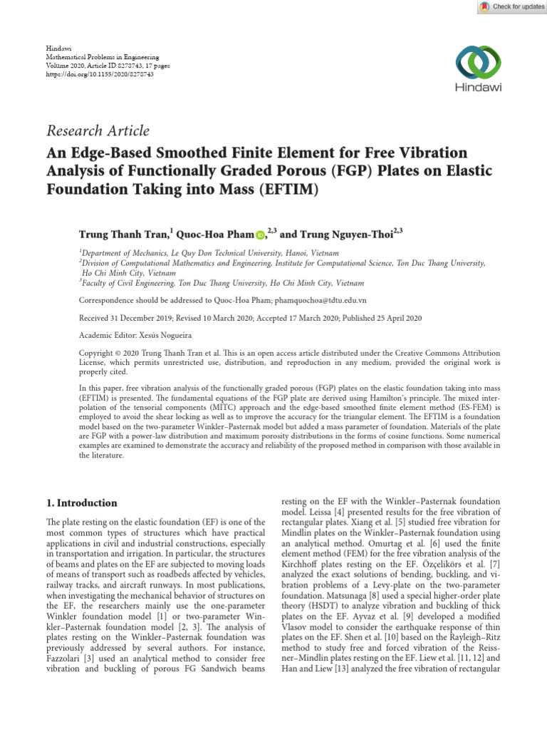 Mathematical Problems in Engineering - 2020 - Tran - An Edge Based Smoothed Finite Element For ...