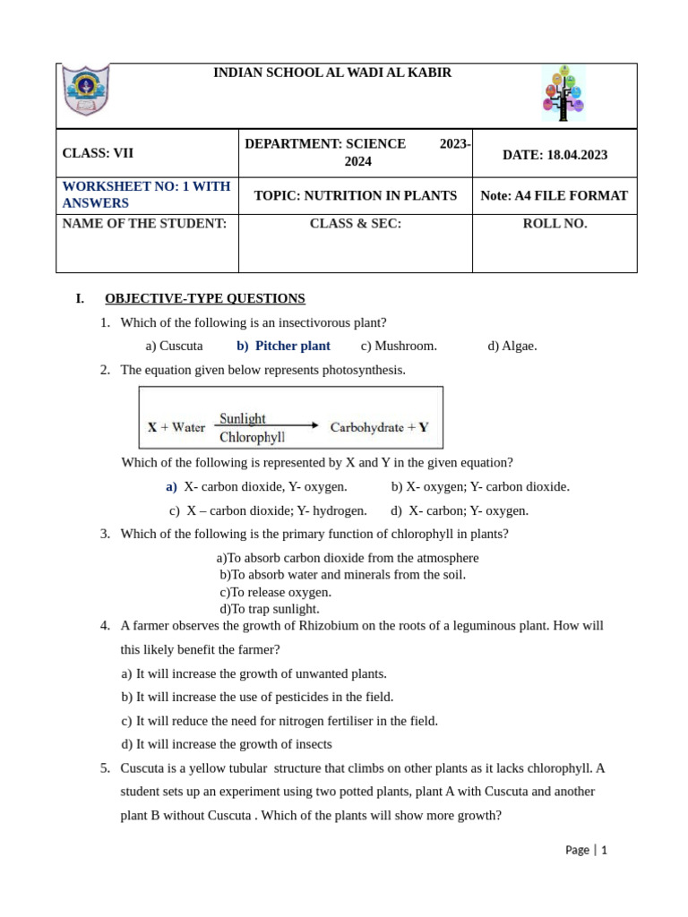 Class 7 Worksheet on Plant Nutrition | PDF | Plants | Legume