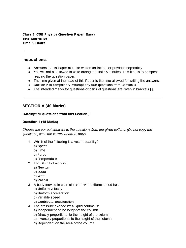 Class 9 ICSE Physics Question Paper | PDF | Force | Buoyancy