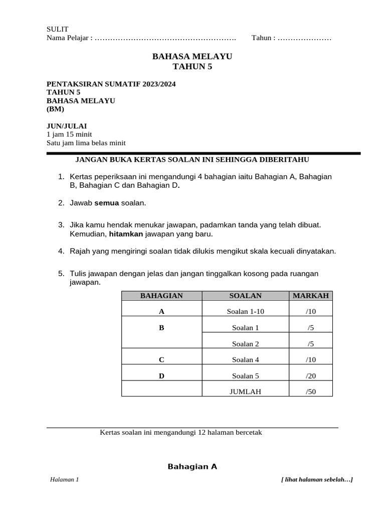 Ps Bm Sjk Thn 5 Penggal 1 2023 by Cikgu Gorgeous Set 1 (2) | PDF