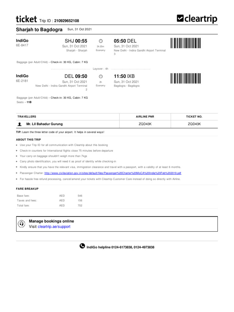 Cleartrip Flight E-Ticket | PDF | Aviation