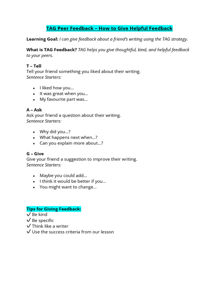 TAG Peer Feedback - How To + Form | PDF