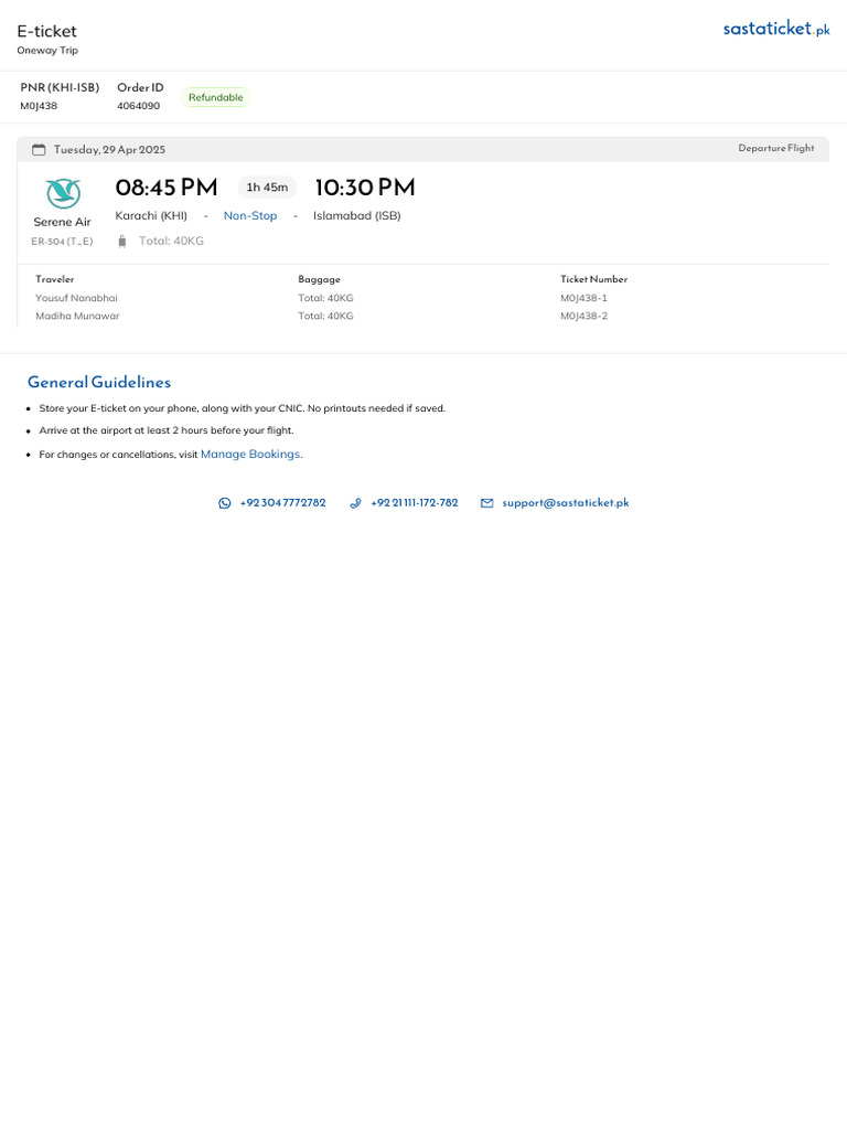 Karachi to Islamabad E-Ticket Details | PDF