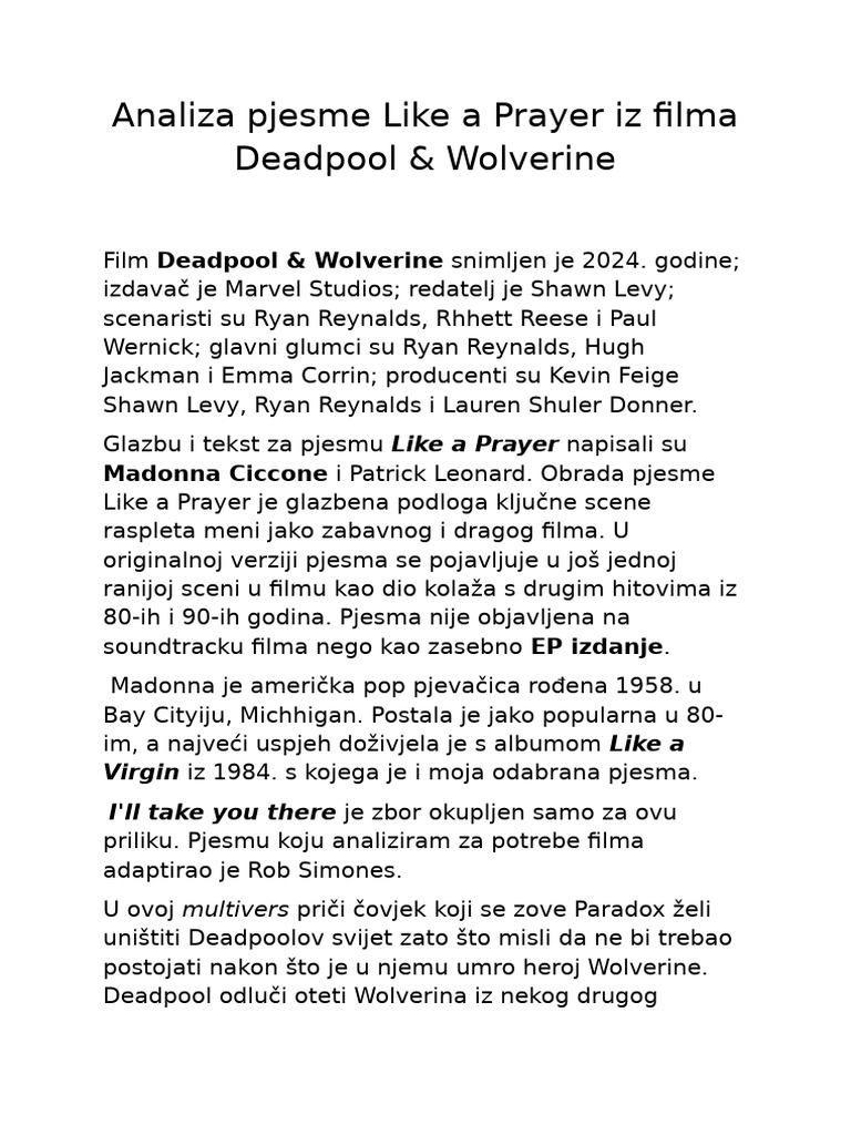 Analiza Pjesme Like A Prayer Iz Filma Deadpool | PDF