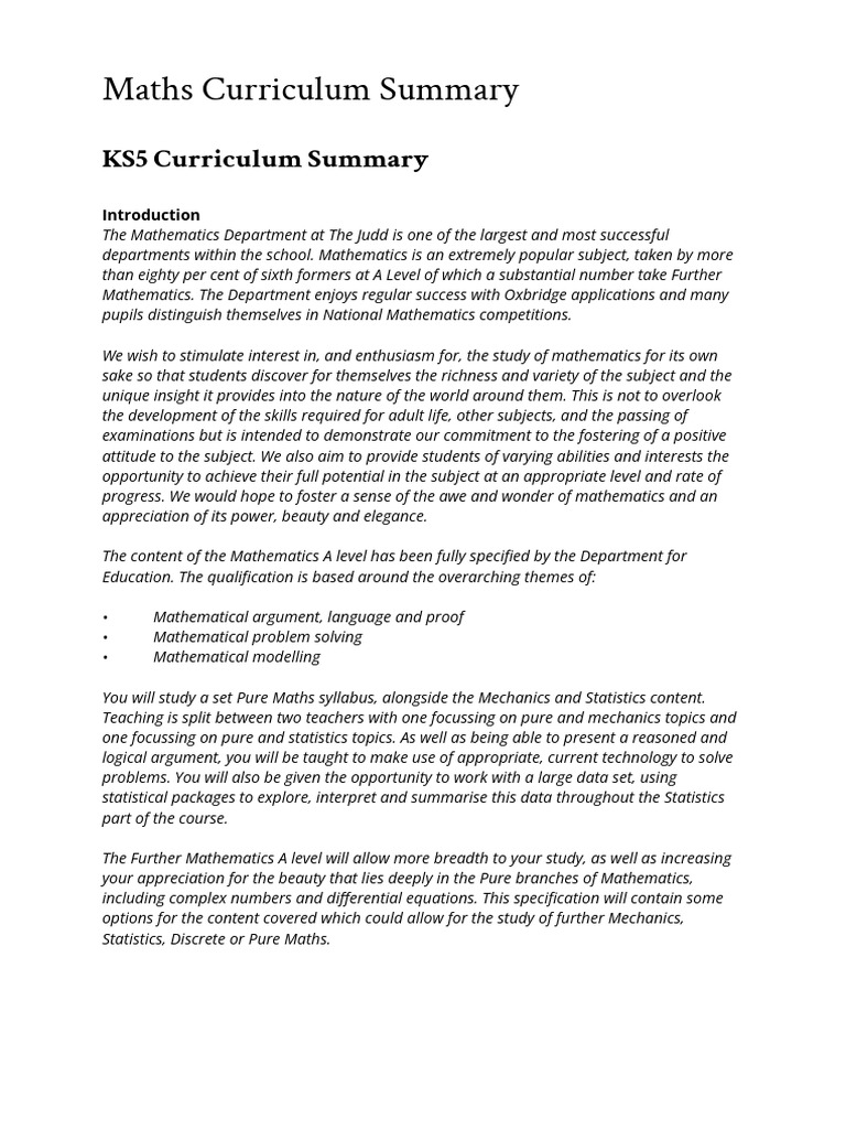 Maths Curriculum Summary - KS5 | PDF | Statistics | Mathematics