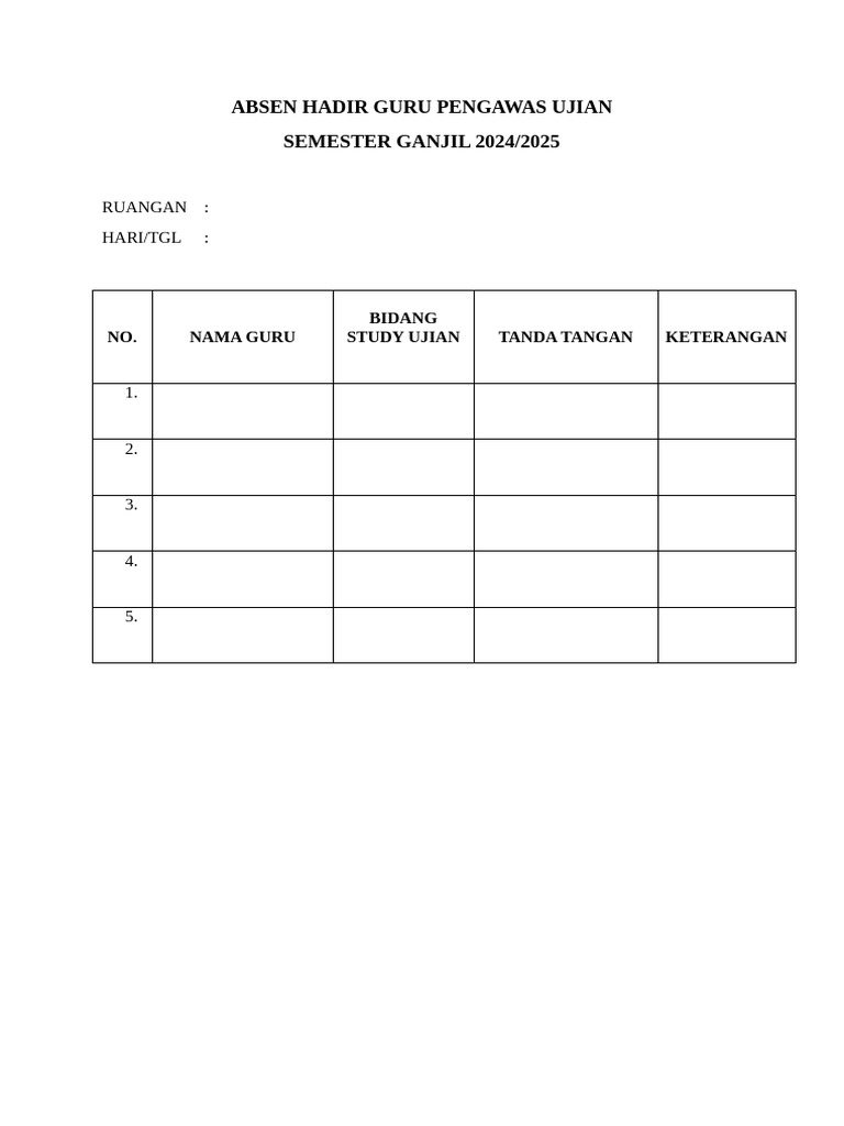 Absen Guru Pengawas Ujian 2024/2025 | PDF