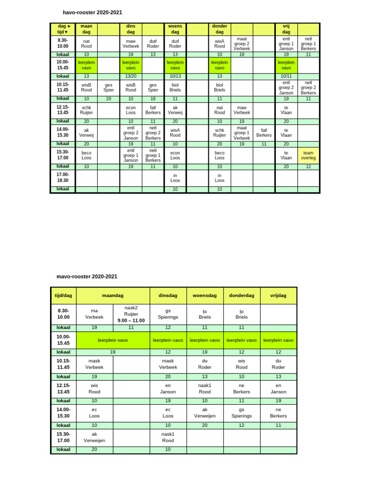 Lesroosters Mavo Havo 2020-2021 Vanaf 30 November 2020 | PDF