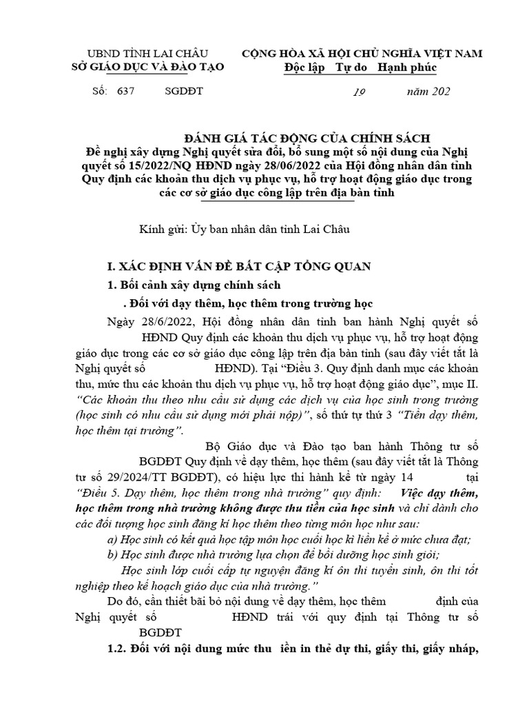 Bao Cao Danh Gia Tac Dong Xay Dung Nghi Quyet Sua Doi Bo Sung Nghi Quyet So 15 (Ban Sua) | PDF