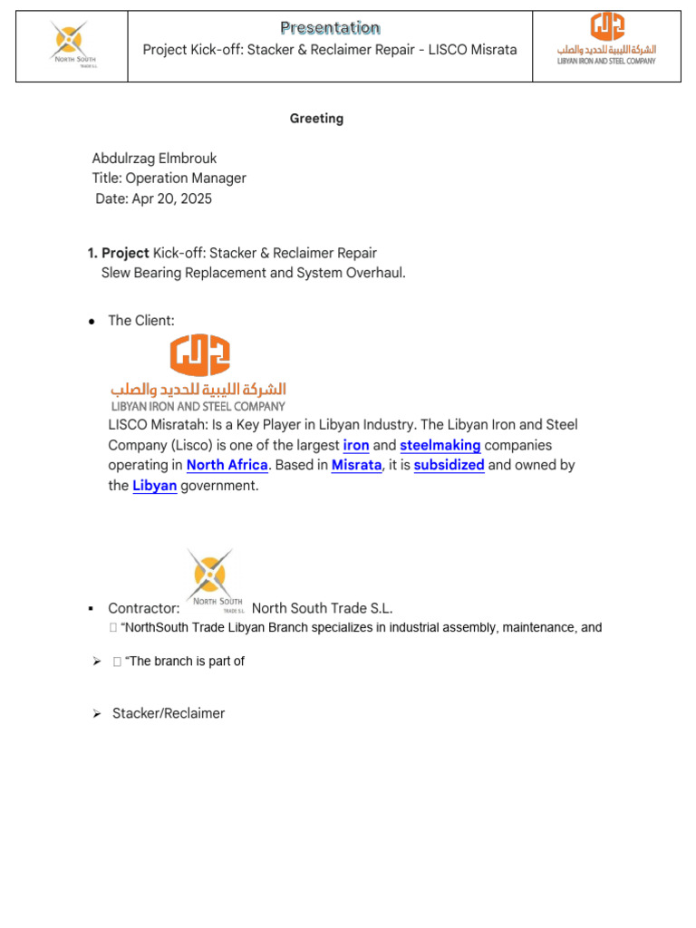 Project Kick-Off Presentation - Stacker & Reclaimer Repair | PDF ...