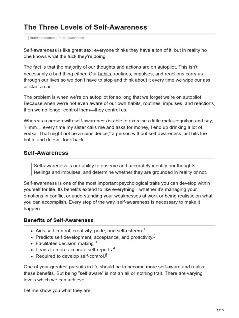 The Three Levels of Self-Awareness | PDF | Thought | Self Awareness