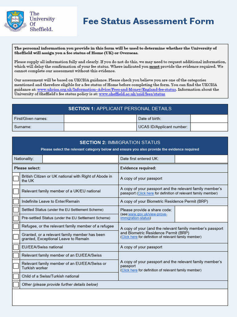 University of Sheffield Fee Status Assessment Form | PDF | Passport | Immigration