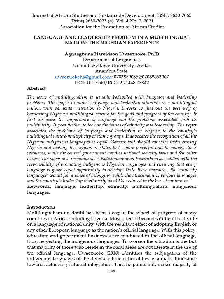 Language and Leadership in Nigeria's Multilingualism | PDF ...