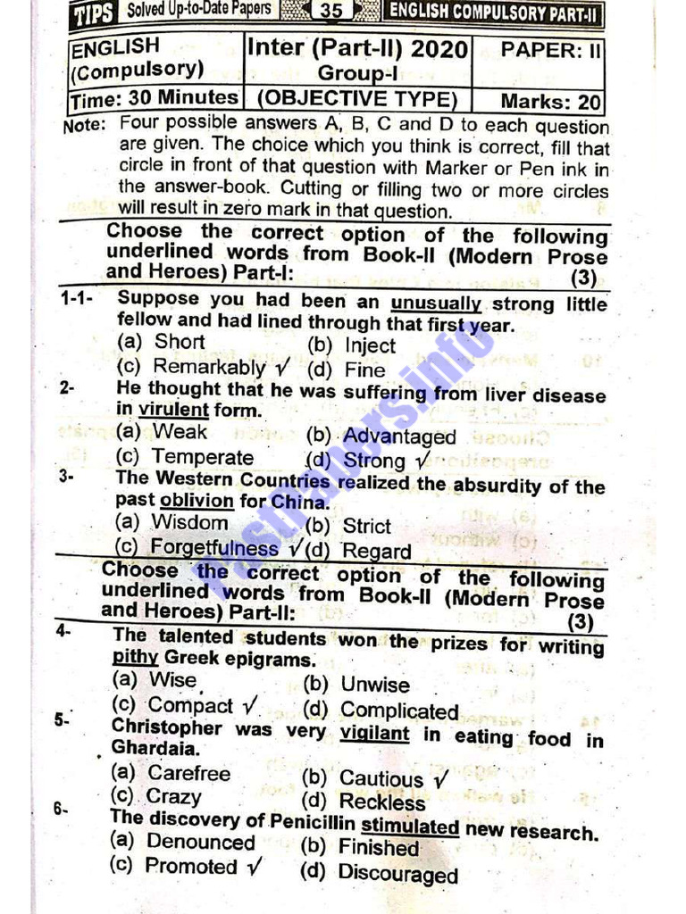 2nd Year English Solved Past Papers 2020 First Group | PDF