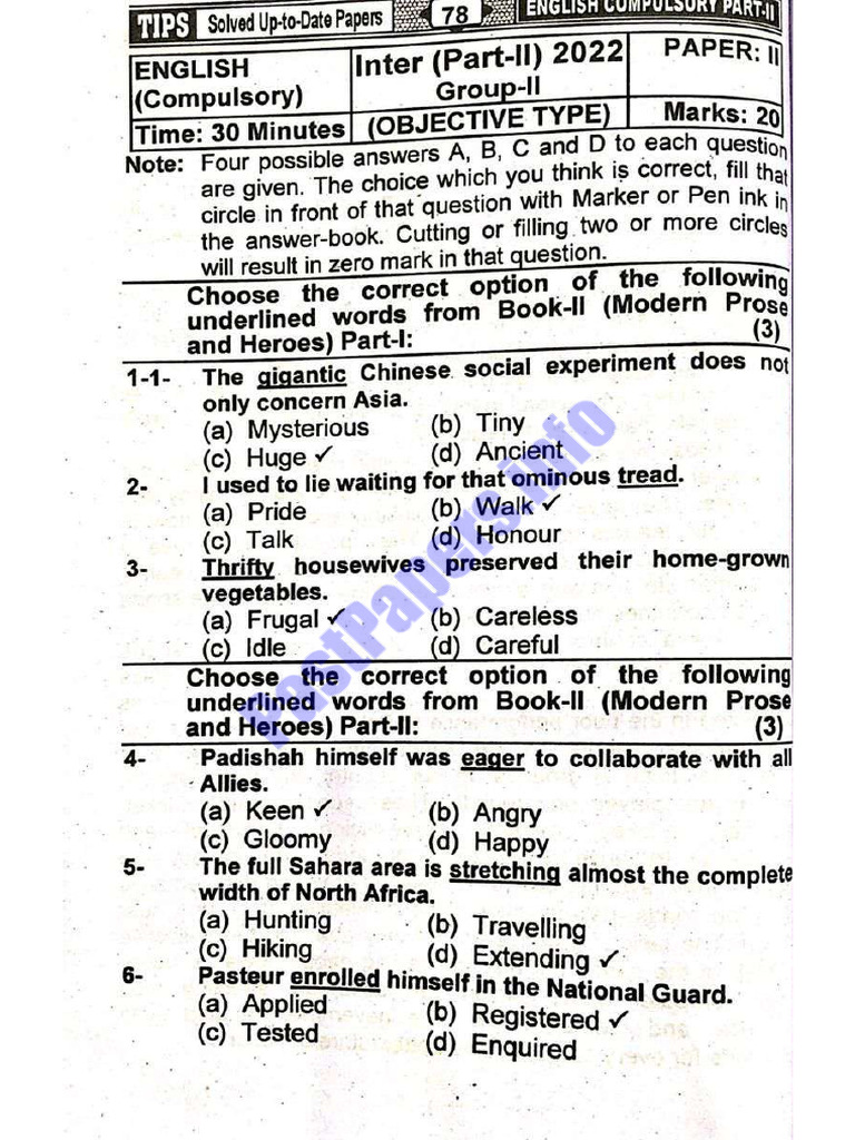 2nd Year English Solved Past Papers 2022 Second Group | PDF