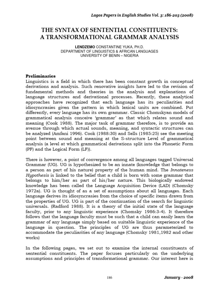 THE SYNTAX OF SENTENTIAL CONSTITUENTS A TRANSFORMATIONAL GRAMMAR ANALYSIS | PDF | Linguistics ...