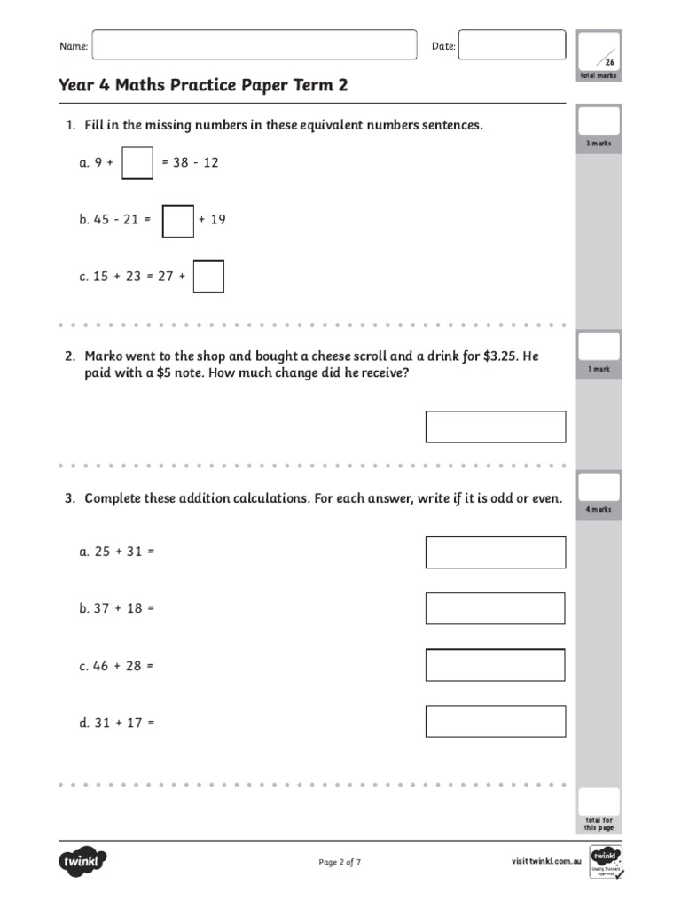 Year 4 Maths Practice Paper Term 2 | PDF