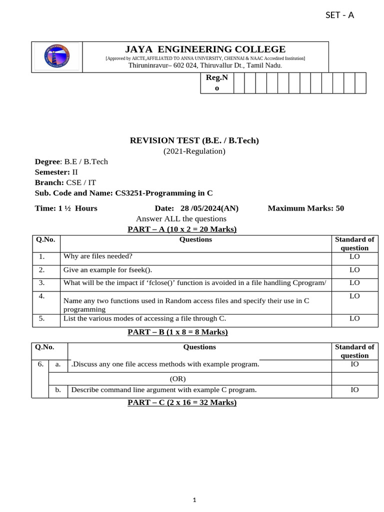CS3251 C Programming revision Set A & Set B | PDF | Computer Programming | Computing