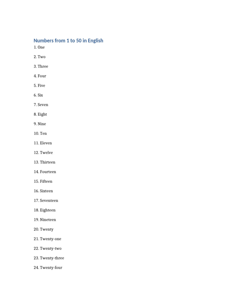 Numbers 1 to 50 in English | PDF