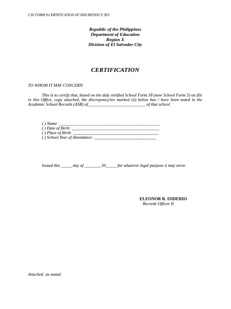 Cav Form 9 Certification - Descrepencies | PDF