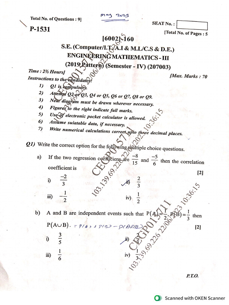 Comp EMIII Endsem QP &soln May 2023 | PDF