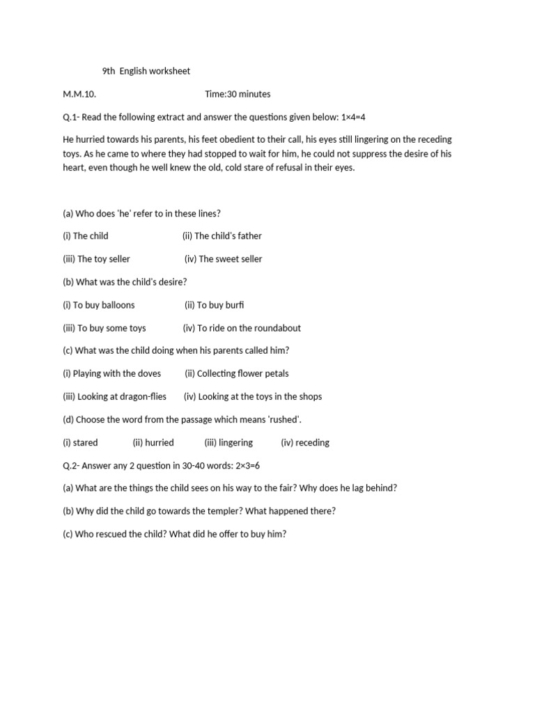 9th English Worksheet 1 | PDF