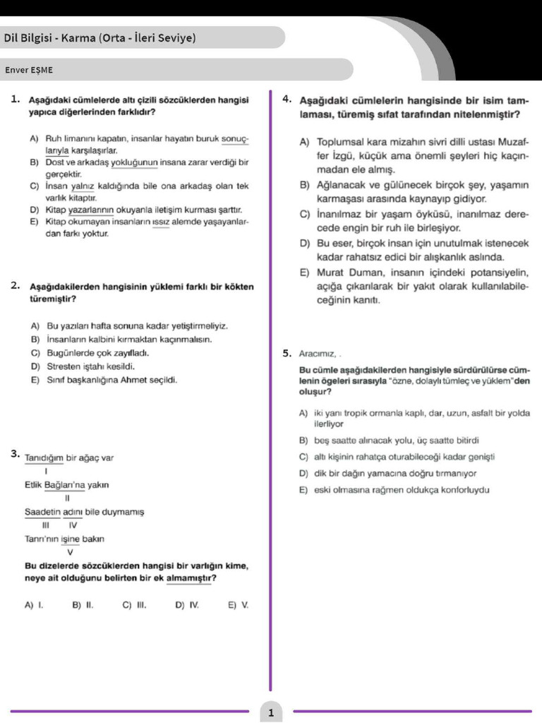 Yks Tyt Turkce Test Sorulari Ve Cevaplari 1 | PDF